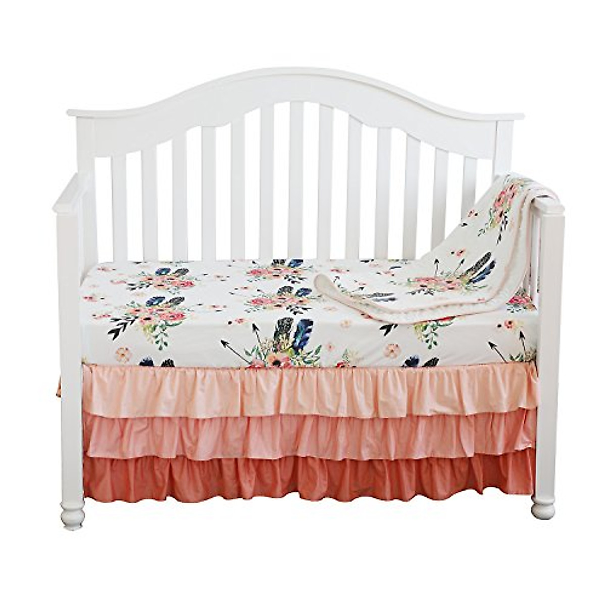 Sahaler Baby Crib Bedding Set for Boy Girls, Nursery Fitted Sheets Baby Minky Blanket Crib Kids Protective Pad Sets(Feather Floral 3pc Set)