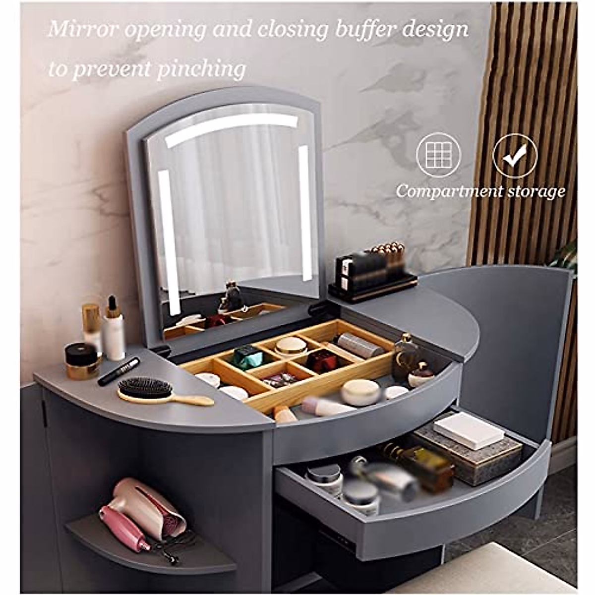 LEONYS Vanity Table Set with Mirror & 2 Drawers, Makeup Vanity Dressing Table, Dresser Desk and Cushioned Stool Set for Girl, Women Bedroom