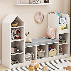 Vabches Toy Storage Organizer for Kids Bookshelf with Reading Nook, Multifunctional Kids Bookcase with 9 Storage Cubbies and Large Seat Cushion for Keeping Kids' Toys Books Organized, White