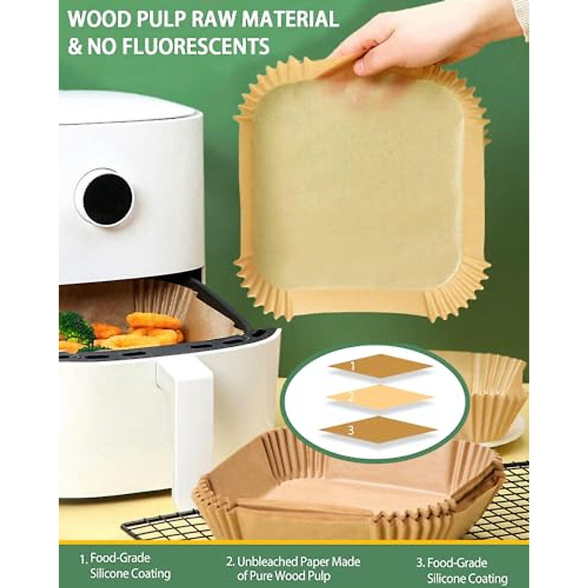 Katbite 130PCS 6.3 IN Disposable Air Fryer Paper Liners, Square Air Fryer Liners for 3 to 5 Qt Fryer, Unbleached Non-Stick & Oil-proof Parchment Paper