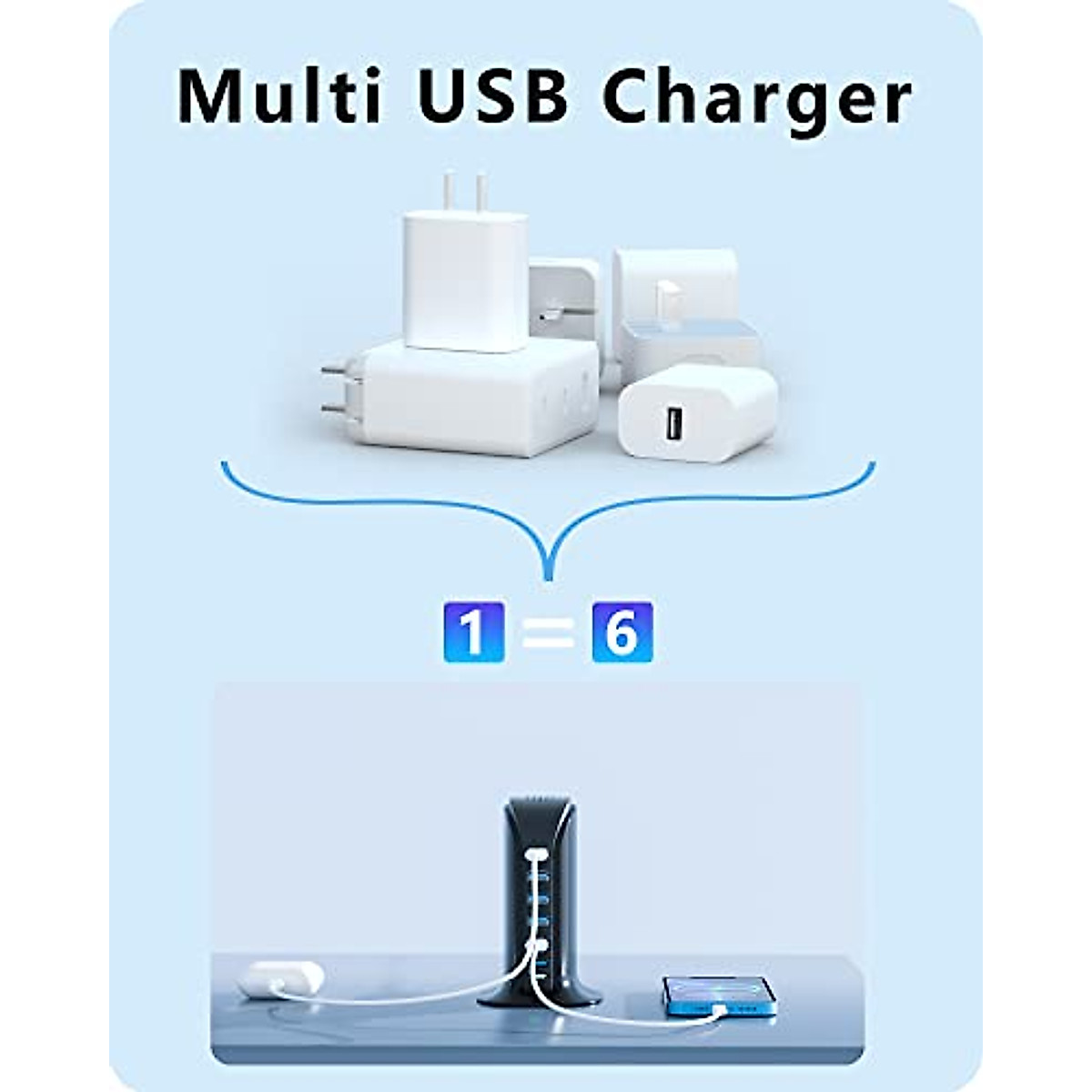 ADRICY USB Charger 6 Port 50W Multi USB Tower Charging Station for Multiple Devices iPhone 14/14 Pro/14 Pro Max/13 Pro/13 Pro Max/Android/Samsung/Tablet,etc