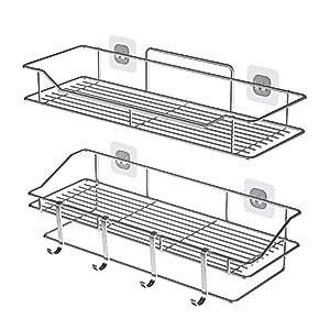 Go Green Tableware GOGN Shower Caddy Shelf with 4 Hooks,Adhesive Shower Organizer for Bathroom Storage,304 Stainless Steel,No Drilling and Wall Mounted,2 Pack (Silver)