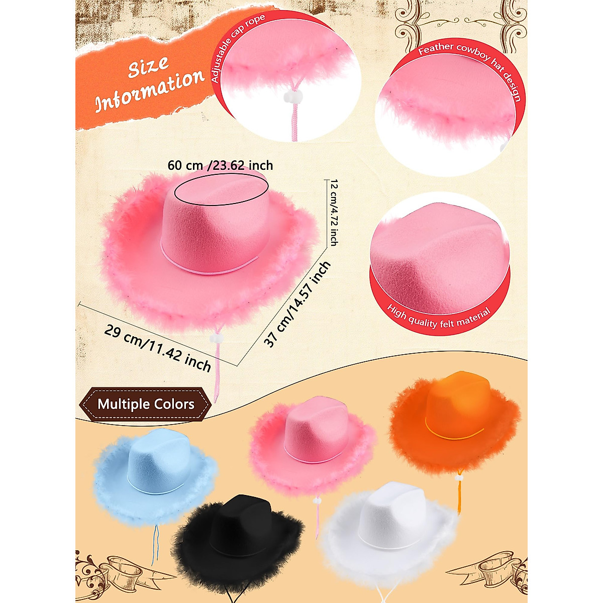 Rcanedny 4 Pack Cowboy Hat Western Women Cowboy Hat with Feathers Pink Feather Cowgirl Hat with Adjustable Neck Draw String for Adult Birthday Gifts Halloween Party Costume (color set 2)