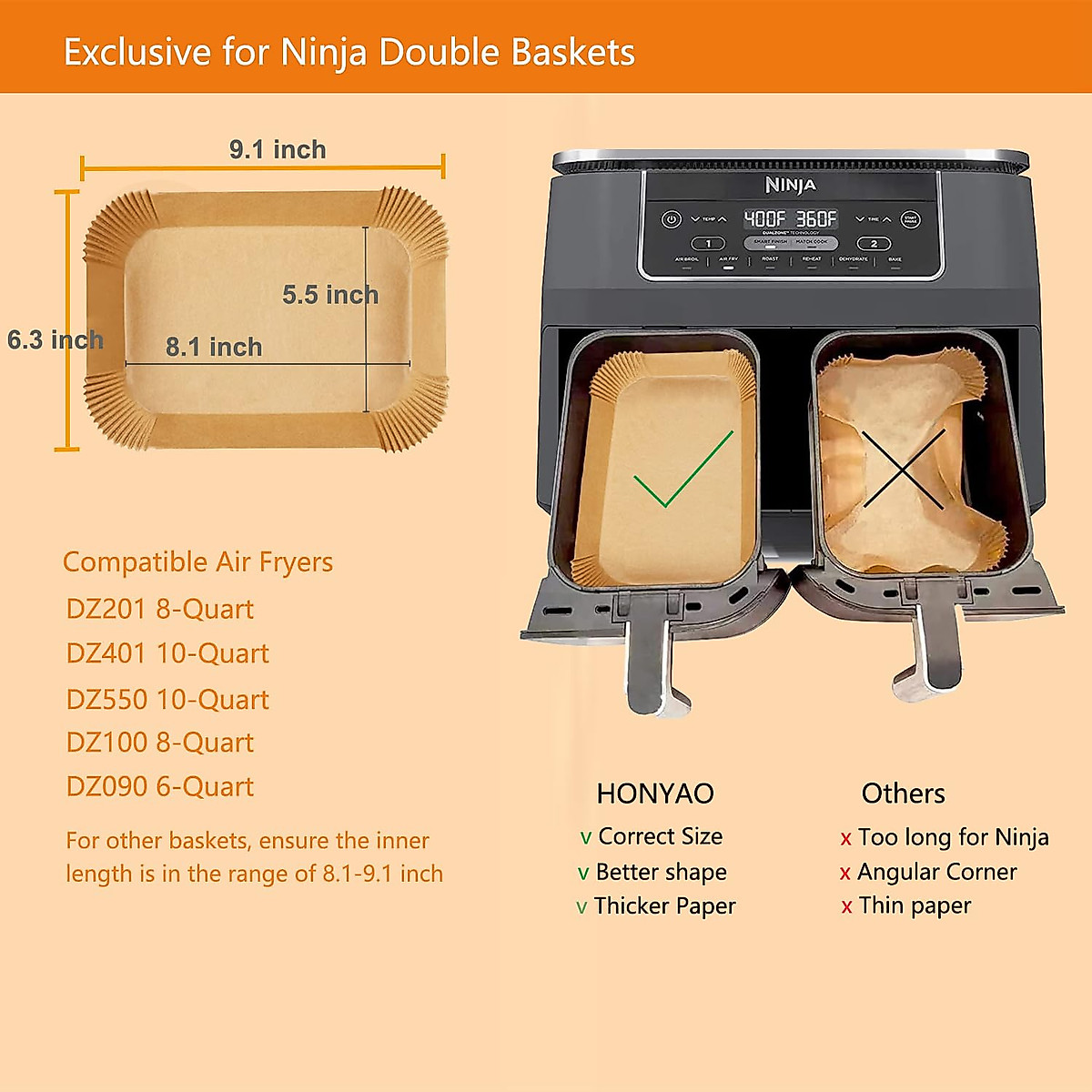 HONYAO Air Fryer Paper Liners for Ninja Airfryer, 8.1x5.5 inch Rectangle Disposable Parchment Papel for Foodi Dual Zone DZ201/DZ401/DZ550/DZ090/DZ100/SL401, Food Grade Accessories BPA free