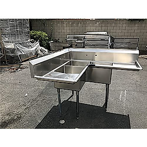 Commercial Kitchen Corner Sink 3 Compartment Stainless Steel NSF with Right and Left Drainboards，Splashboard