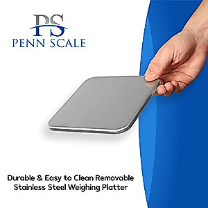 Penn Scale PS-10 Digital Kitchen Portion Scale - 11lb Electric Kitchen Scale with 0.002lb Readability - Removable Platter & LCD Display - Lb, Oz, G Unit Conversion (AC & Battery Powered)