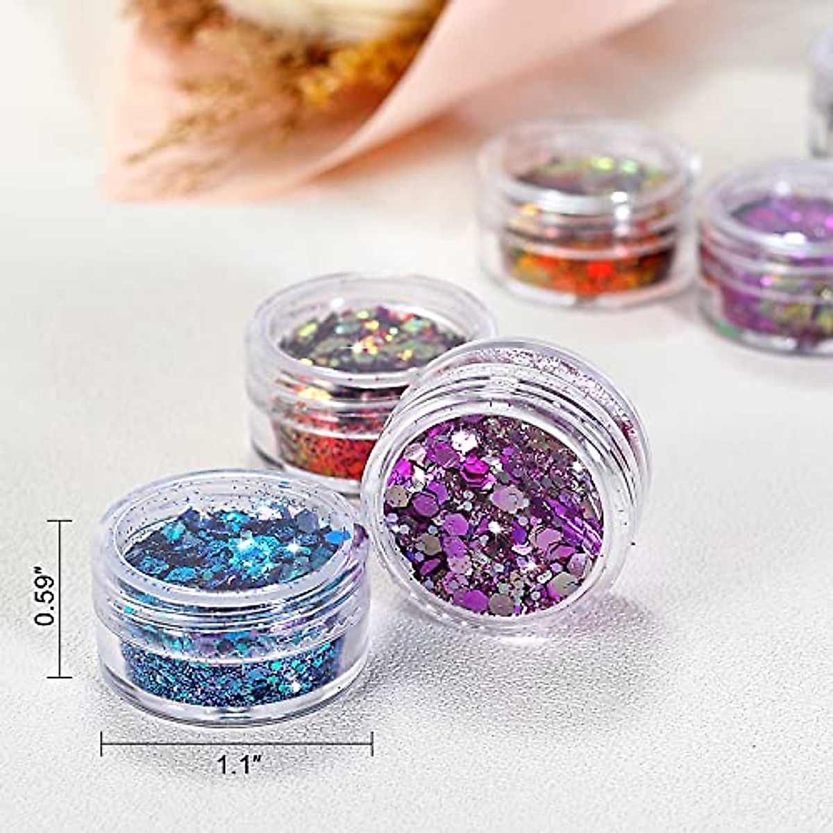 Nail Glitter SUPGIFT 15 Colors 130g Holographic Chunky Cosmetic Chameleon Sequins for Makeup Hair Body Art Slime Craft Resin with Brush 5 Spoons