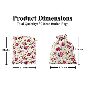Mandala Crafts Rose Burlap Drawstring Bags - Floral Gift Bags – Flower Linen Burlap Bags with Drawstring Small Pouches for Wedding Party Favor Jewelry 30 Bags 6X8 Inches