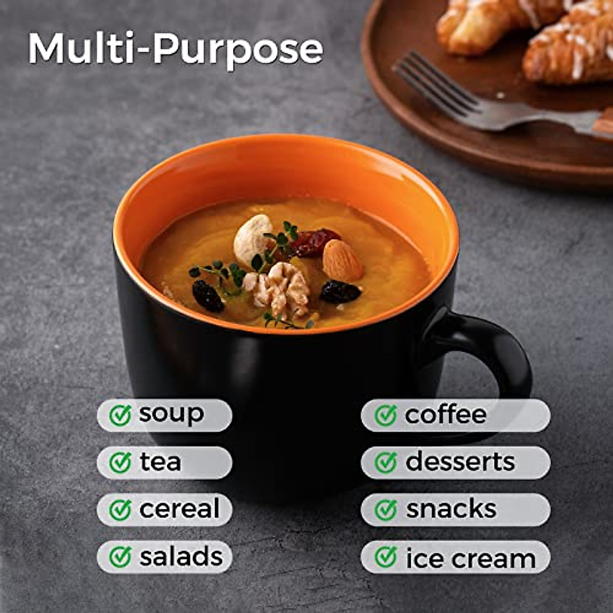 GBHOME Jumbo Soup Mugs with Handles, 24 Oz Large Coffee Mugs Set of 4, Ceramic Soup bowls for Coffee,Cereal,Snacks,Salad,Noodles etc Soup Cups,Microwave&Dishwasher safe-Matte Black, Colorful Inside