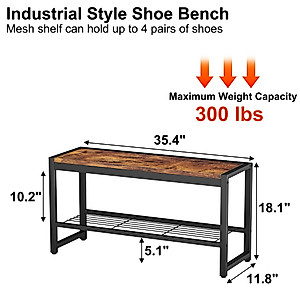 HOMEFORT Shoe Bench, Modern Industrial Shoe Storage Bench, Entryway Bench with Mesh Shelf and Sturdy Metal Frame, Metal Shoe Rack with Durable MDF Top for Hallway, Mudroom, Living Room, Rustic Brown
