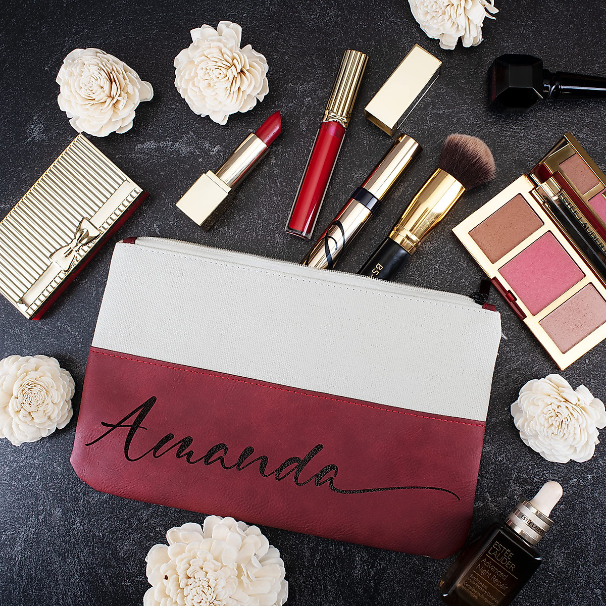 Personalized Makeup Bag w/Name - Vegan Leather & Canvas - 7 Fonts, Bridesmaid Proposal Gifts, Custom Cosmetics Bag, Lightweight & Portable Makeup Pouch for Travelling, Gifts for Women, Mom - Rose