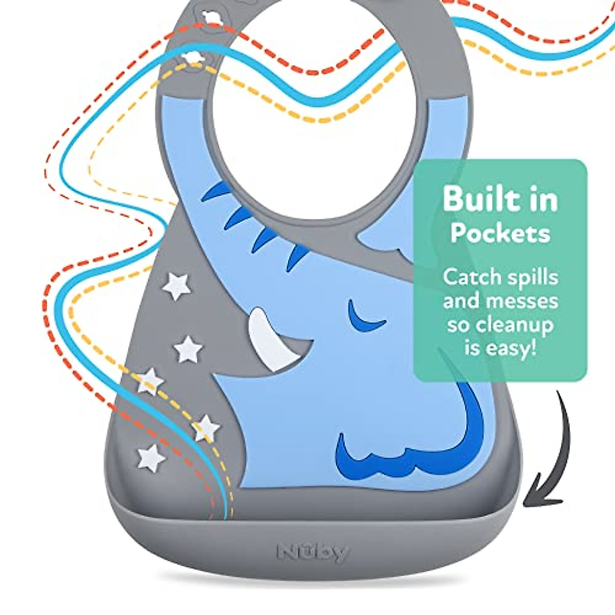 Nuby On The Go Silicone 3D Bib with Scoop to Catch Mess, Roll to Go, 6 M+, Elephant (Pack of 2)