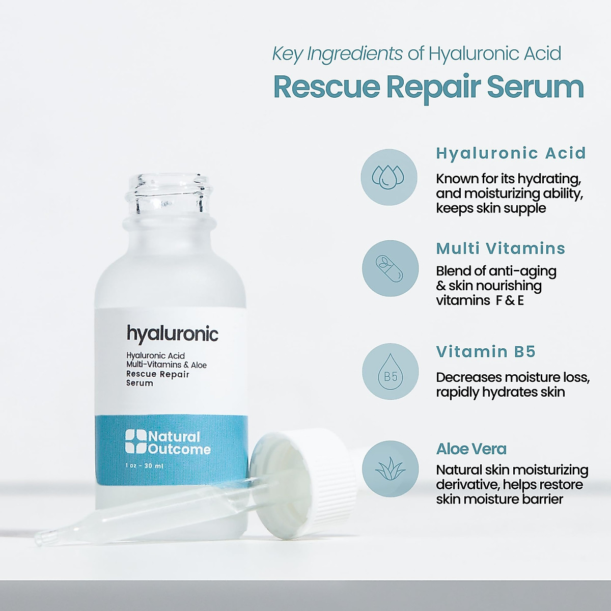 Natural Outcome Hyaluronic Acid Serum for Face | Anti-Aging Facial Serum with Vitamin b5 | Reduces Fine Lines and Wrinkles | Moisturizing and Hydrating Rescue Repair Skin Care Serum | 1 Oz