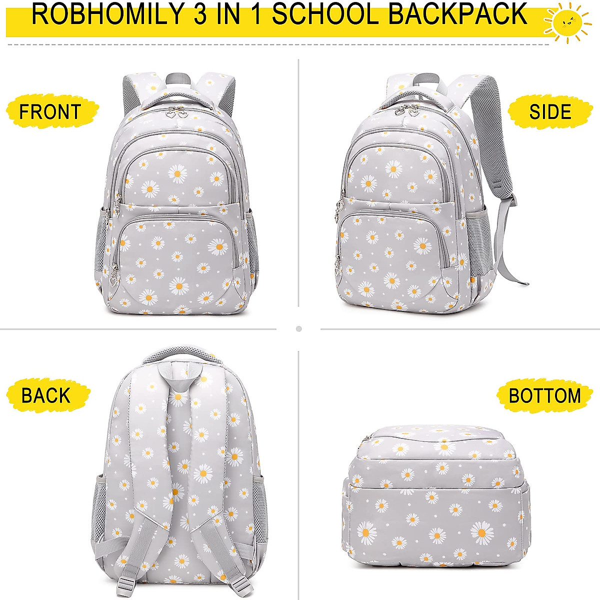 Robhomily 3 in 1 School Backpack for Teen Girls in Middle-School Elementary,17”Fashion- Print Lightweight Laptop Book bags with Lunch Box and Pencil Case