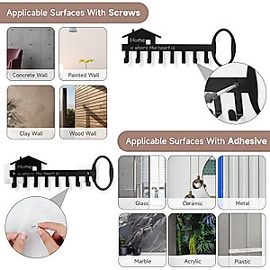 RELBRO Key Holder Wall Mount, Black Metal Key Shape Key Hanger Wall Decorative Self Adhesive Key Rack Organizer with 8 Key Hooks for Entryway Hallway Doorway Garage 2 Installation Ways