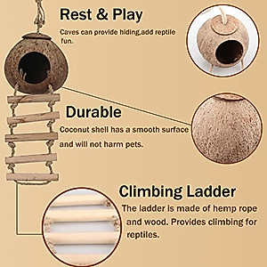 RUNANIA Crested Gecko Tank Accessories, Reptile Vines and Plants Coco Hut Coconut Shell with Ladder Hideout Cave Habitat Decor for Climbing Lizard Leopard Gecko Tortoise Amphibians Hermit Crab