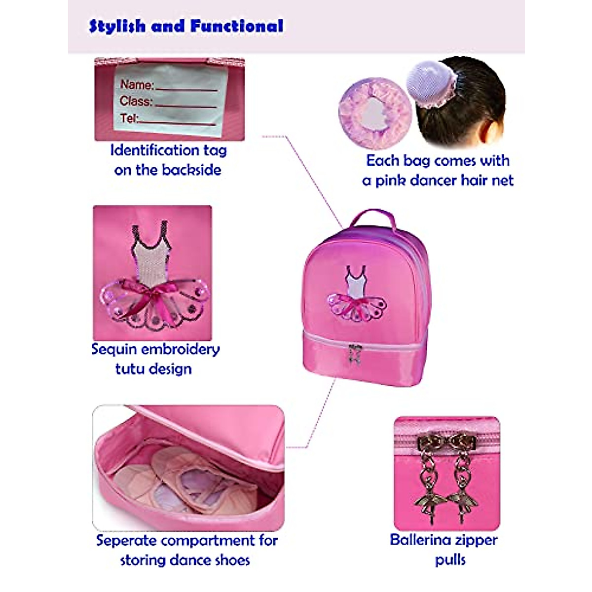 Ballet dance backpack for little girls ballerina tutu pink bag with free hair net for dance Toddler dance bag gymnastics Latin dance yoga tap dance jazz separate compartment for shoes