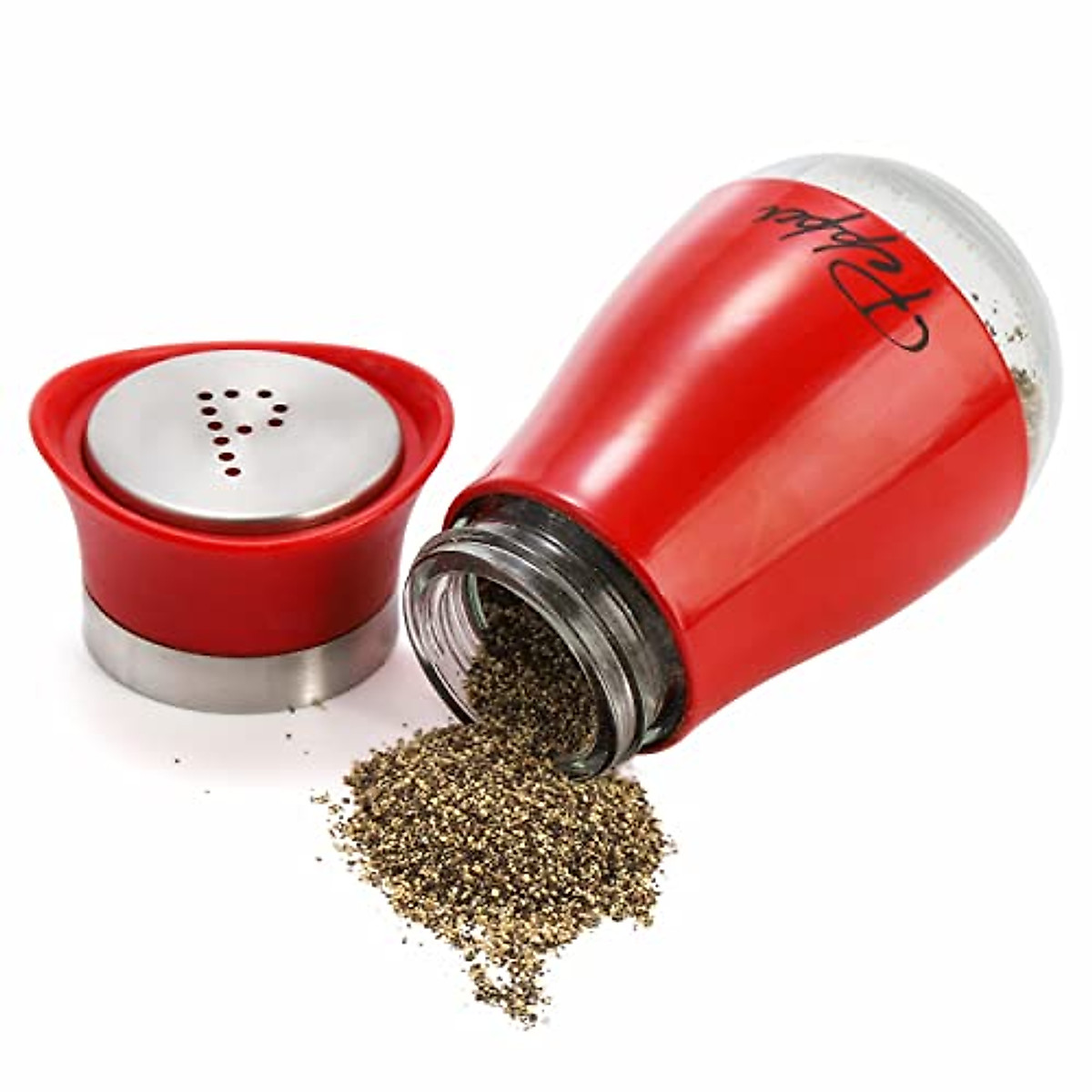 Tebery 4 Ounces Red Salt and Pepper Shakers Set, Elegant Stainless Steel with Glass Bottom