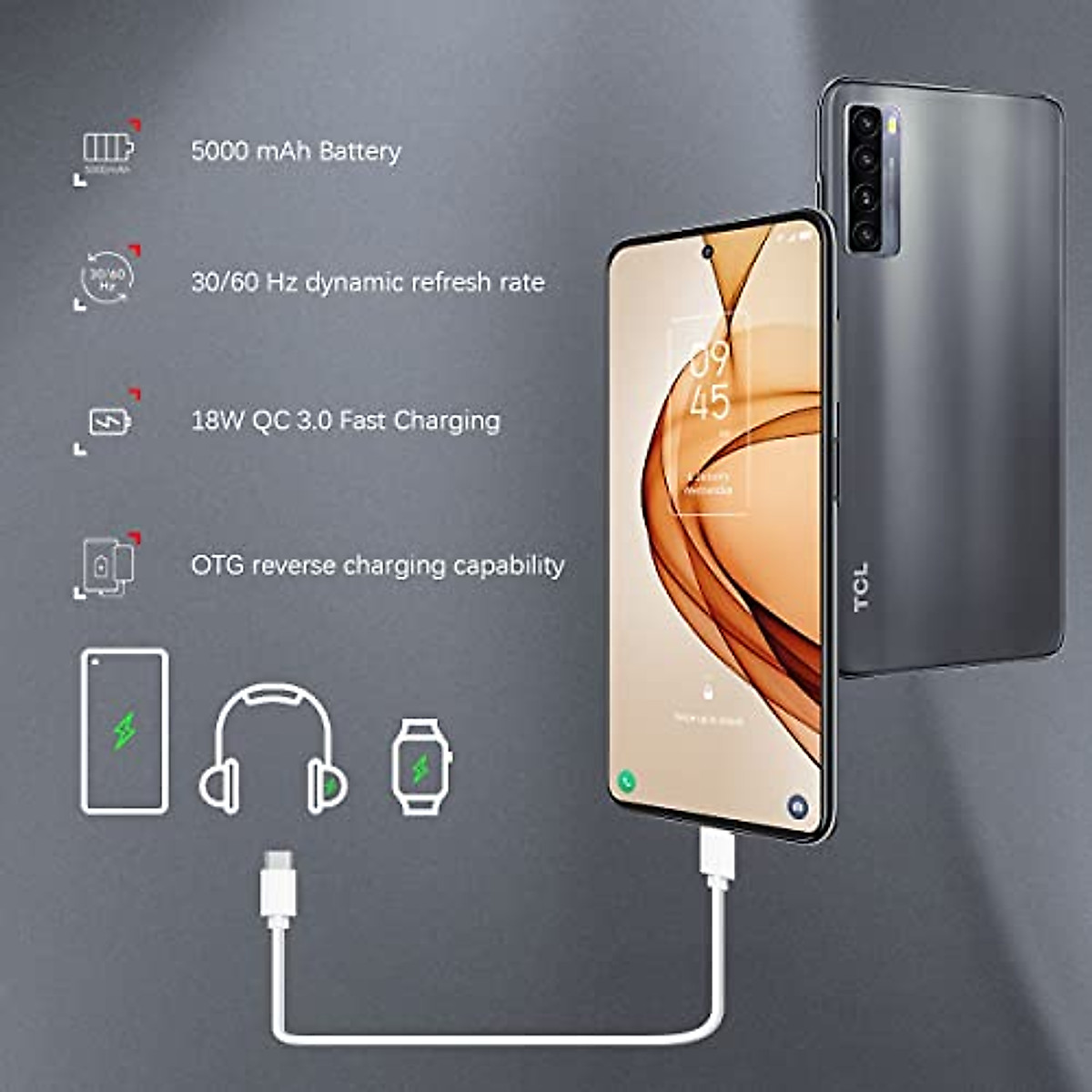 TCL 20S Unlocked Cell Phone with 6.67” Dotch FHD+ Display, Android 11 Smartphone 64MP Quad Rear Camera System, 4GB+128GB, 5000mAh Big Battery with Fast Charging, Milky Way Black