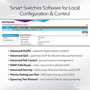 NETGEAR 18-Port PoE Gigabit Ethernet Smart Switch (GS716TP) - Managed, Optional Insight Cloud Management, 16 x PoE+ @ 180W, 2 x 1G SFP, Desktop or Rackmount, and Limited Lifetime Protection