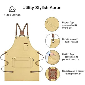 RockyToy Chef Apron with Cross Back Straps for Men Women, Cotton Canvas Apron for Artists Painting, Kitchen Cooking, Light Yellow