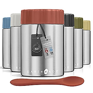 Earthmade Stainless Steel Insulated Food Container,13 oz Food Thermos for Hot Soup & Cold Fruit, Ceramic Interior, Silicone spoon Eco-Friendly