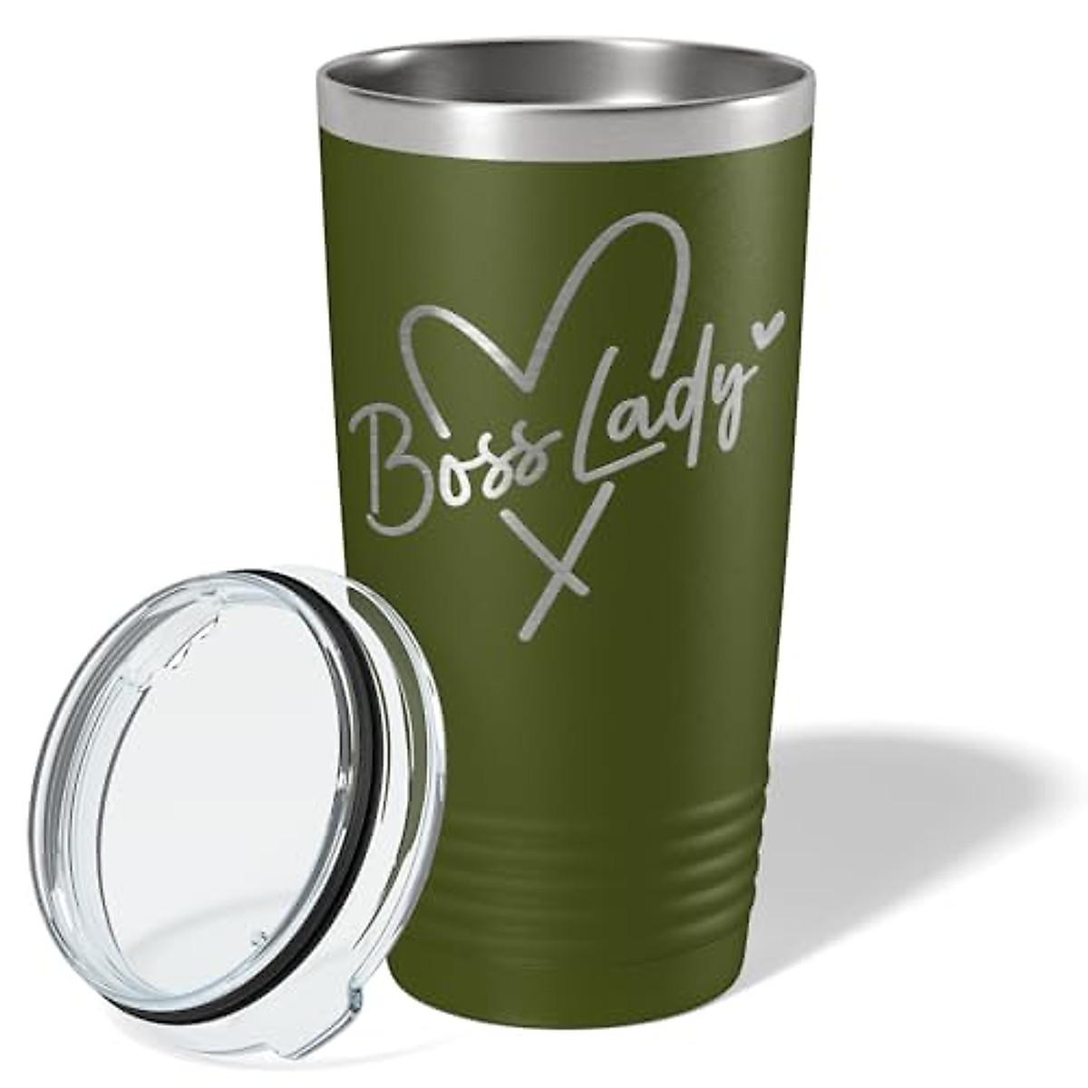 Boss Lady Big Heart Tumbler Birthday Gifts for Women, Coworker, Boss on Army Green 20 oz Stainless Steel Insulated Cup with Lid - Travel Mug for Mom