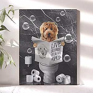 Bathroom Decor Canvas Wall Art Funny Dog Sitting in Toilet Pictures Black and White Animals Wall Decor Farmhouse Bathroom Painting for Bathroom Toilet Artwork Framed 12"x16"