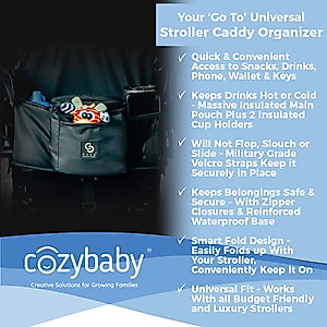 Cozy Stroller Caddy Organizer (Black, Insulated) - Everything Mom Needs on Stroller - 2 Deep Cup Holders, 3 Separate Spaces, Front Cellphone Holder, Wallets, Diapers, Milk