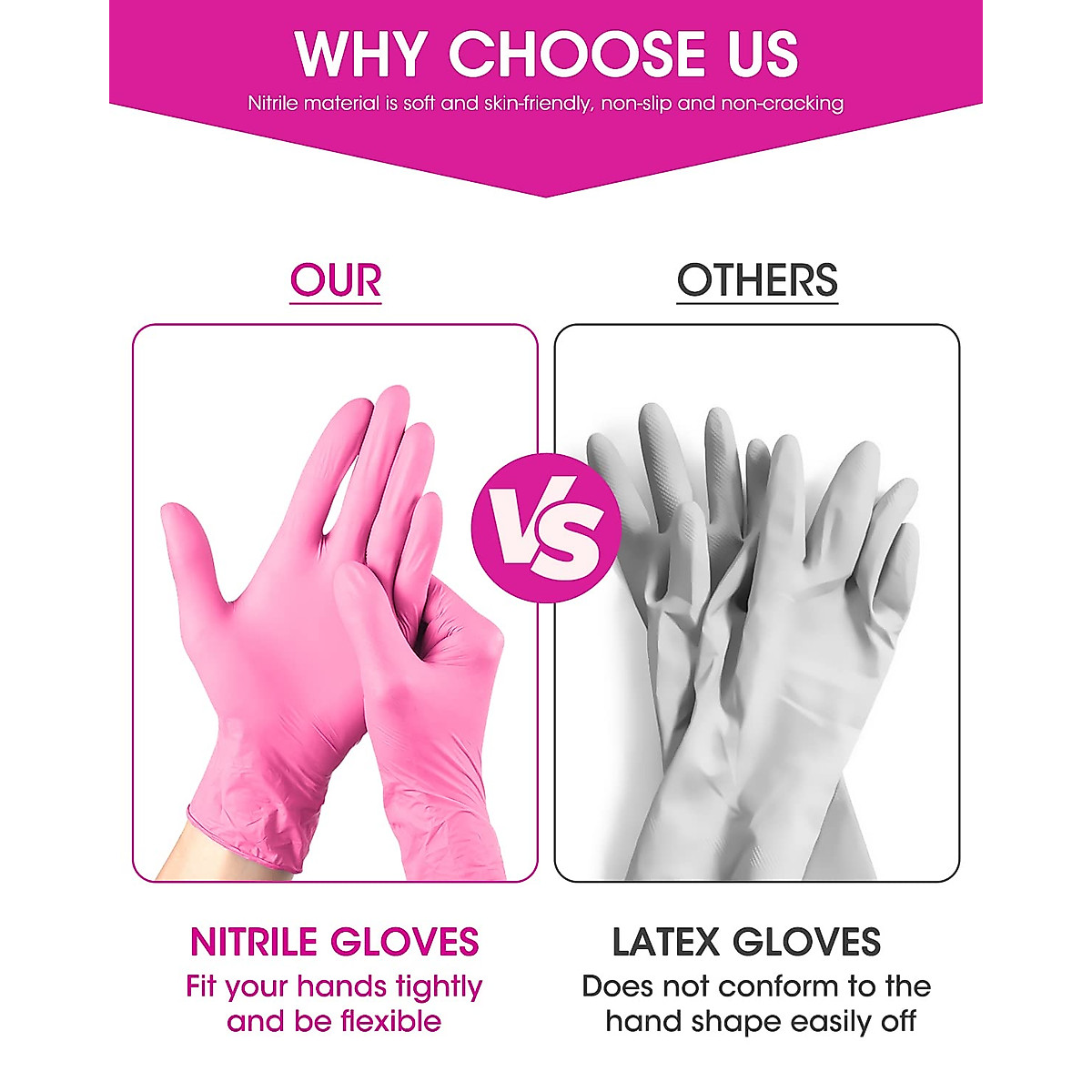 Funfe Disposable Nitrile Gloves,100Pcs Pink Gloves Medium Protection Gloves Nitrile Exam Gloves Latex Free Cleaning Working Gloves for Adult Nail Tech