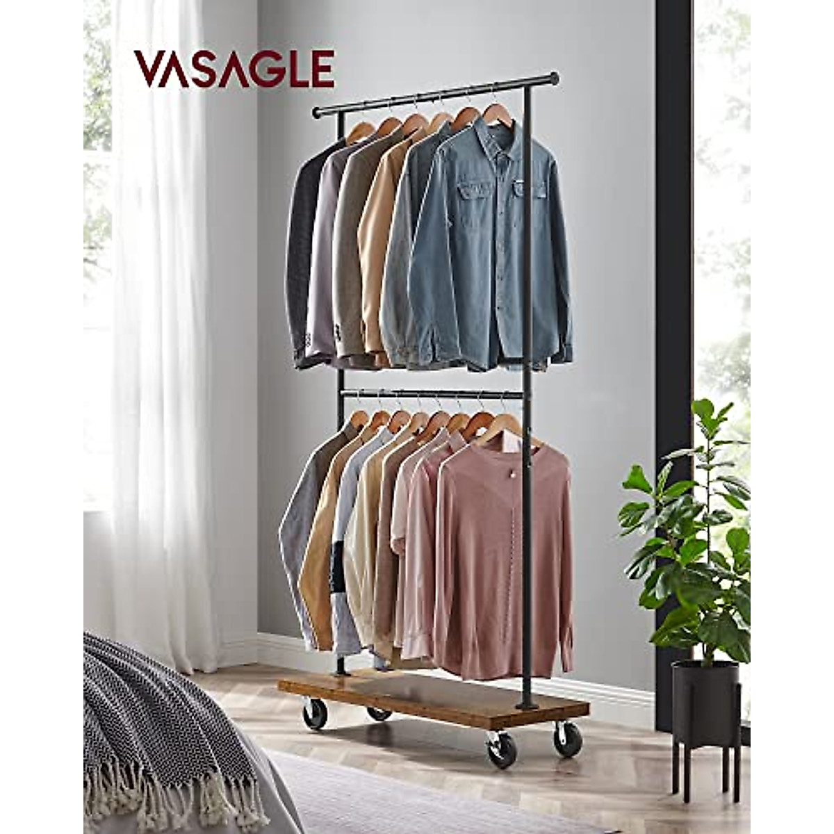 VASAGLE Clothes Rack, Clothing Rack with Wheels, 43.3-66.9 Inch Extendable Bar, Height-adjustable Garment Rack, 332 lb Load, 2 Brakes, Heavy-Duty, Industrial, Rustic Brown and Black URGR111B01V1