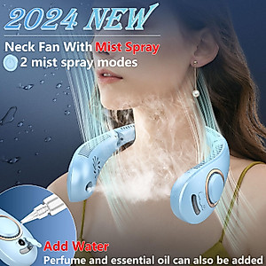 Neck Fans Portable Rechargeable-Foldaway Neck Fan with Mist,Personal Fan for Neck Wearable Hanging around,Cordless Neck Coolers for Female Male Kids Dad Mom Extremely Hot Weather Indoor Outdoor Blue