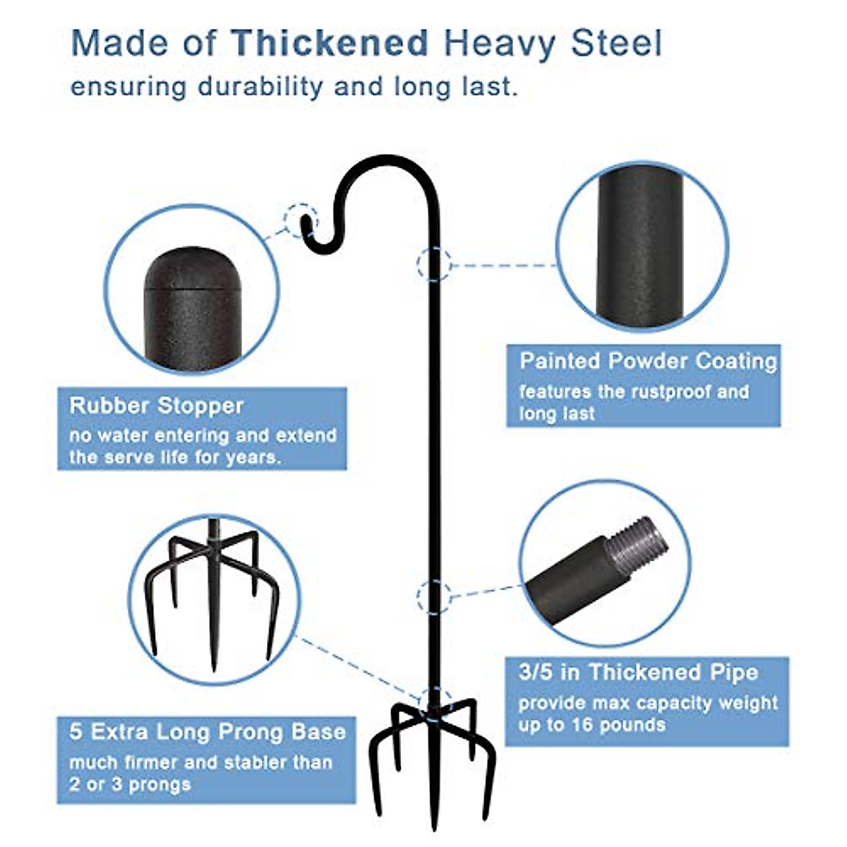 Artigarden 76 inch Outdoor Shepherd Hook with 5 Prong Base (2 Packs), Adjustable Heavy Duty Garden Hanging Stake for Bird Feeder Solar Light Plant Hanger Wedding Decor, Matte Black