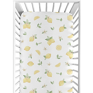Sweet Jojo Designs Lemon Floral Girl Fitted Crib Sheet Baby or Toddler Bed Nursery - Yellow Green Beige White Watercolor Boho Bohemian Farmhouse Fruit Flower Blossom Botanical Leaf