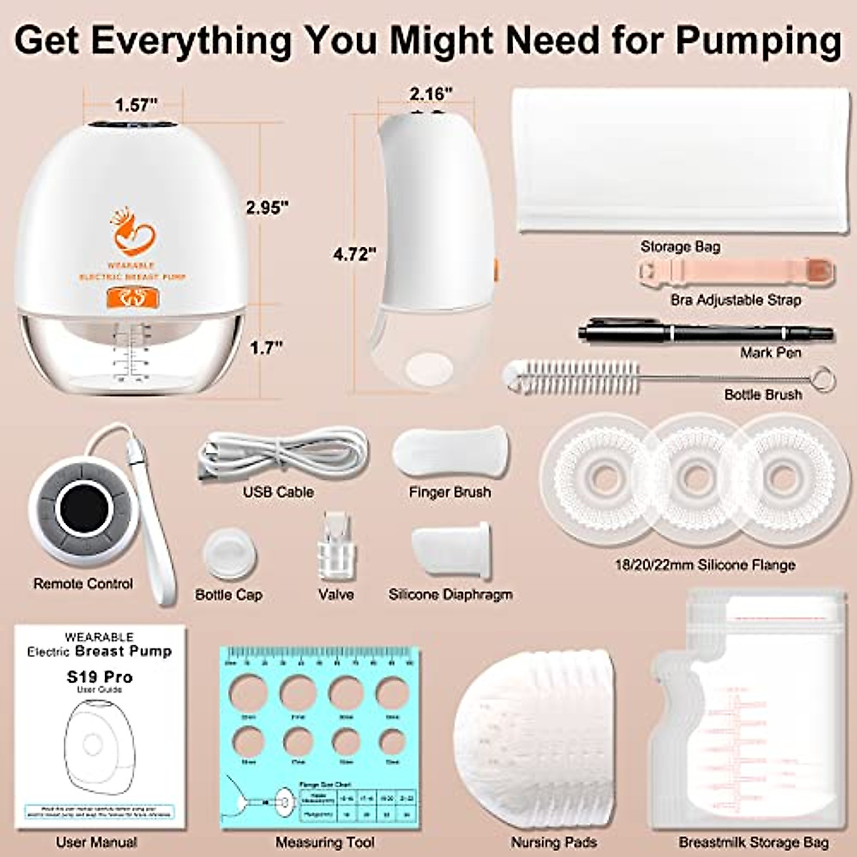 Wearable Breast Pump with Remote Control, Ultra Light Portable Breast Pump, Hands Free Electric Breast Pump with 4 Modes & 9 Levels,Rechargeable Wireless All-in-One Breast Pump with 18-24mm Flanges