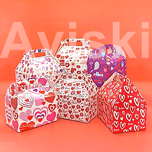 Aviski 12Pcs Valentine's Day Treat Boxes Small Goodie Present Boxes Recycled Party Favor Boxes Heart Printed Cardboard Box for Candy, Cookies and Party Favors, 6 Patterns