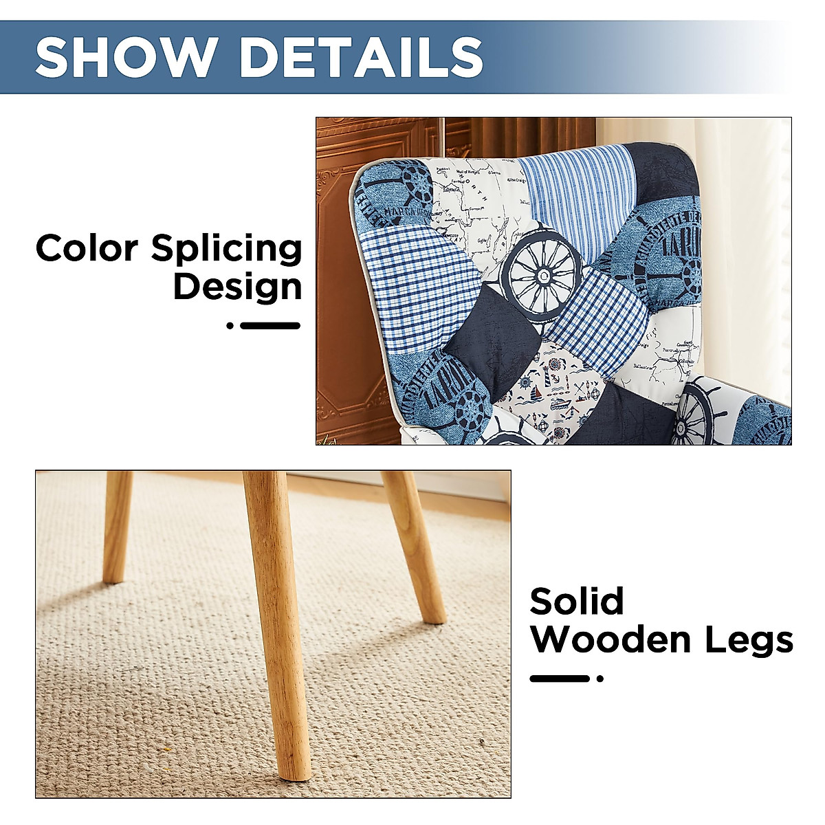 Fahomiss Accent Chair, Living Room Chair, Modern High Back Armchair, Colorful Patchwork Reading Chairs for Bedroom, Lounge Chair with Linen Fabric Shell and Solid Wood Feets (1, Blue)