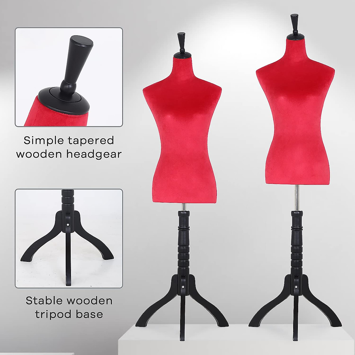 Mannequin Body Female Dress Form Mannequin Torso with Stand for Display 60"-67" Height Adjustable for Sewing Wooden Base, Fiberglass Body(Red)