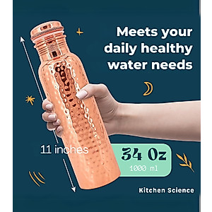 Kitchen Science Copper Water Bottle (32oz/950ml) w/a Carrying Canvas Bag | 100% Pure Copper Bottle for Drinking Water | Lab-Tested, Heavy Duty & Leak-Proof | Authentic Ayurvedic Copper Water Bottle