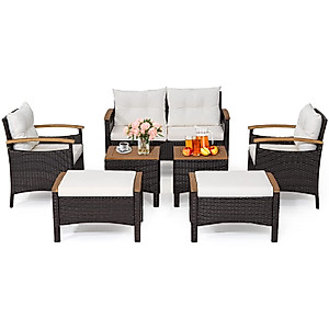 Tangkula 7 Pieces Patio Rattan Sofa Set, Outdoor Wicker Conversation Set w/Seat & Back Cushions, 2 Ottomans & 2 Coffee Tables, Acacia Wood Tabletop & Armrests, Wicker Sofa Set for Backyard, Poolside