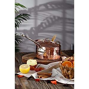 DEMMEX 1mm Thick Hammered Unlined Uncoated Solid Copper Sugar Sauce Zabaglione Pan Candy Jam Caramel Dessert Pot with Lid and Helper Handle, Handmade in Turkey, (1.7-Quart)