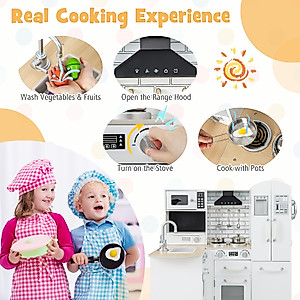 HONEY JOY Corner Kids Kitchen Playset, Wooden Little Chef Pretend Play Kitchen w/Sounds, Cooking Utensils, Water Dispenser, Refrigerator, Range Hood, Pretend Play Toy Kitchen Set for Toddlers