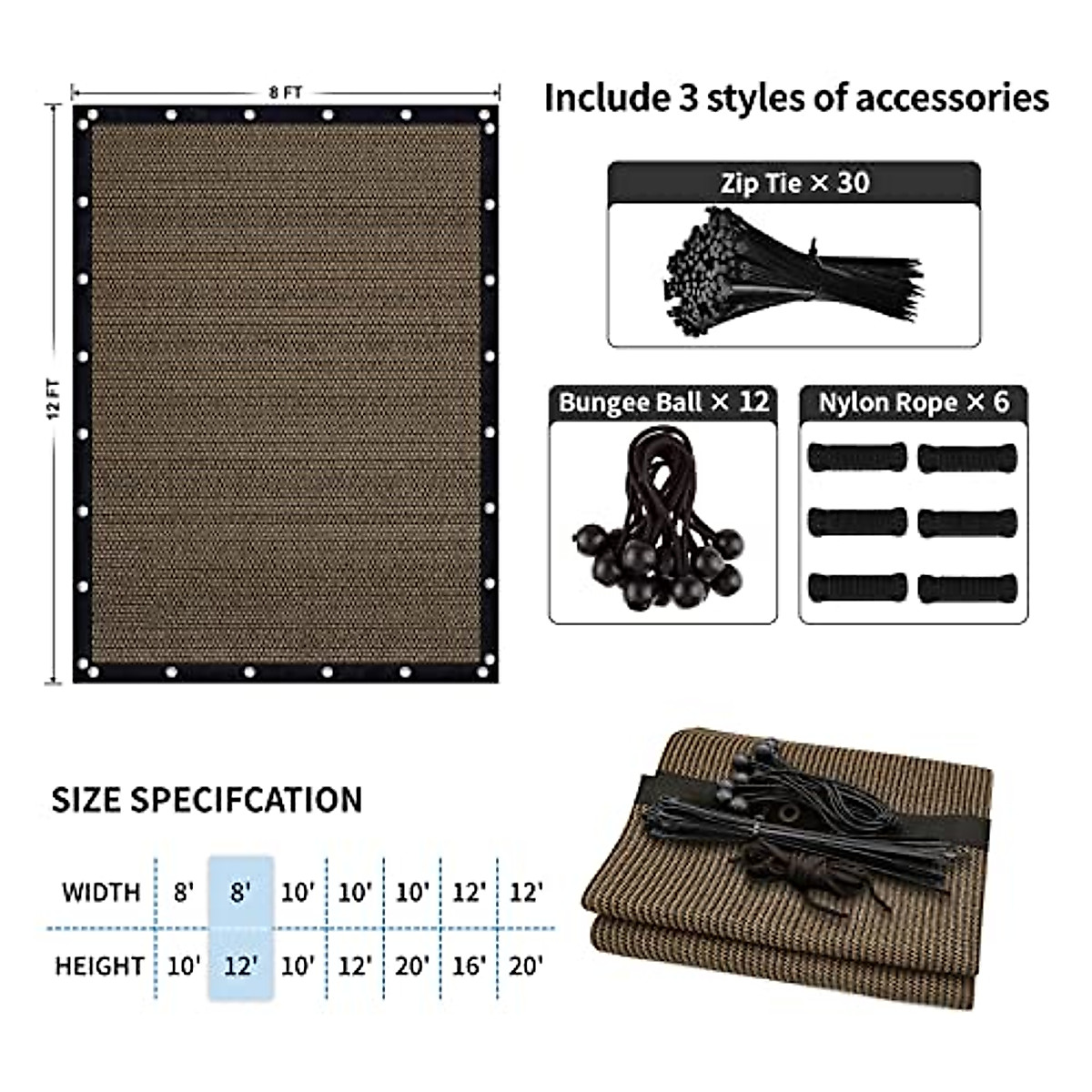 Amagenix Sun Shade Cloth Privacy Screen with Grommets 90% Sunblock Shade, Pergola Replacement Shade Cover Canopy for Outdoor Patio Garden, 10' x 14', Mocha