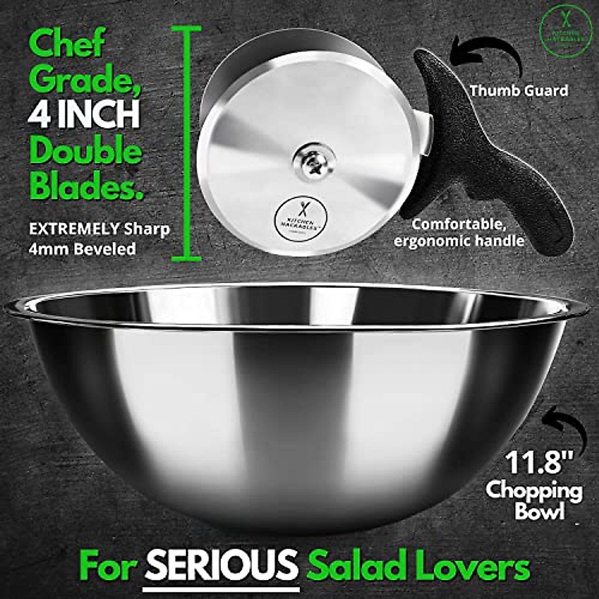 Salad Chopper Blade and Bowl – Stainless Steel Salad Cutter Bowl with Chef Grade Mezzaluna Salad Chopper – Ultra-Fast Salad Prep by Kitchen Hackables