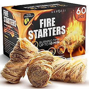 Fire Starter - Natural Pine Fire Starters for Fireplace, Campfires, Grill, Wood & Pellet Stove, Chimney, Fire Pit, BBQ, Smoker - 60 Pack w/10 Min Burning Time - All Weather & Odorless Firestarter