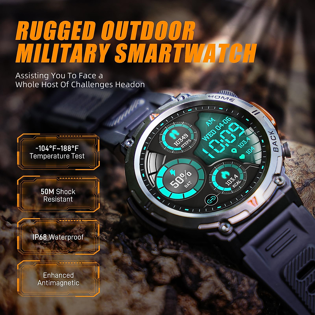 Military Smart Watch for Men (Answer/Dial) Flashlight 1.45” Rugged Smart Watch 100+ Sports Modes IP68 Waterproof Fitness Watch with Heart Rate Sleep Tracker Outdoor Tactical Smartwatch for iOS Android