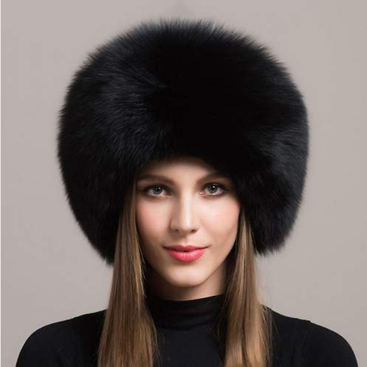 Gegefur Women's Real Fox Fur Hats Leather Earmuffs Warm Winter Hats (Black)