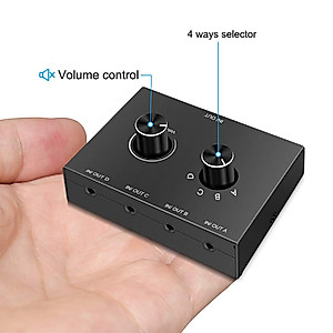 4 Port Audio Switch, 3.5mm Audio Switcher, Stereo AUX Audio Selector, 4 Input 1 Output / 1 Input 4 Output Audio Splitter Switcher, Audio Switcher Box, 4 channel switch knob, No External Power Required