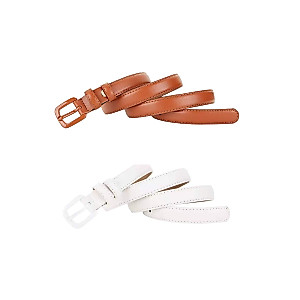 Tronjori Womens Leather Belt Skinny Belts for Jeans Pants 2pcs pack(S,Brown White)