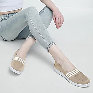 MUSSHOE Womens Walking Shoes Slip on Comfortable Elastic Knit Women Sneakers,Beige 7
